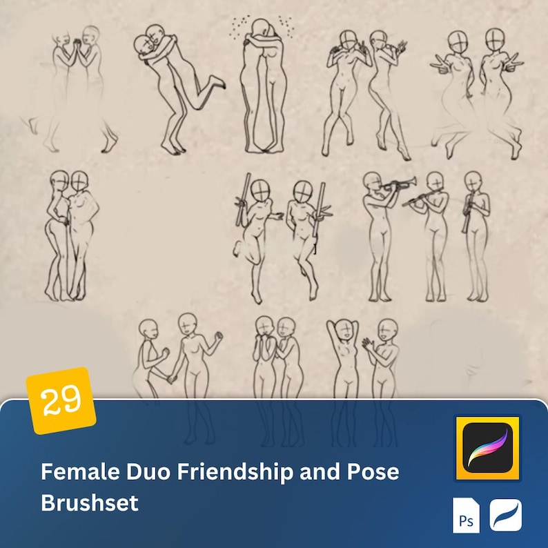 Female Duo Friendship and Pose Procreate Brush Set for iPad Drawing ...