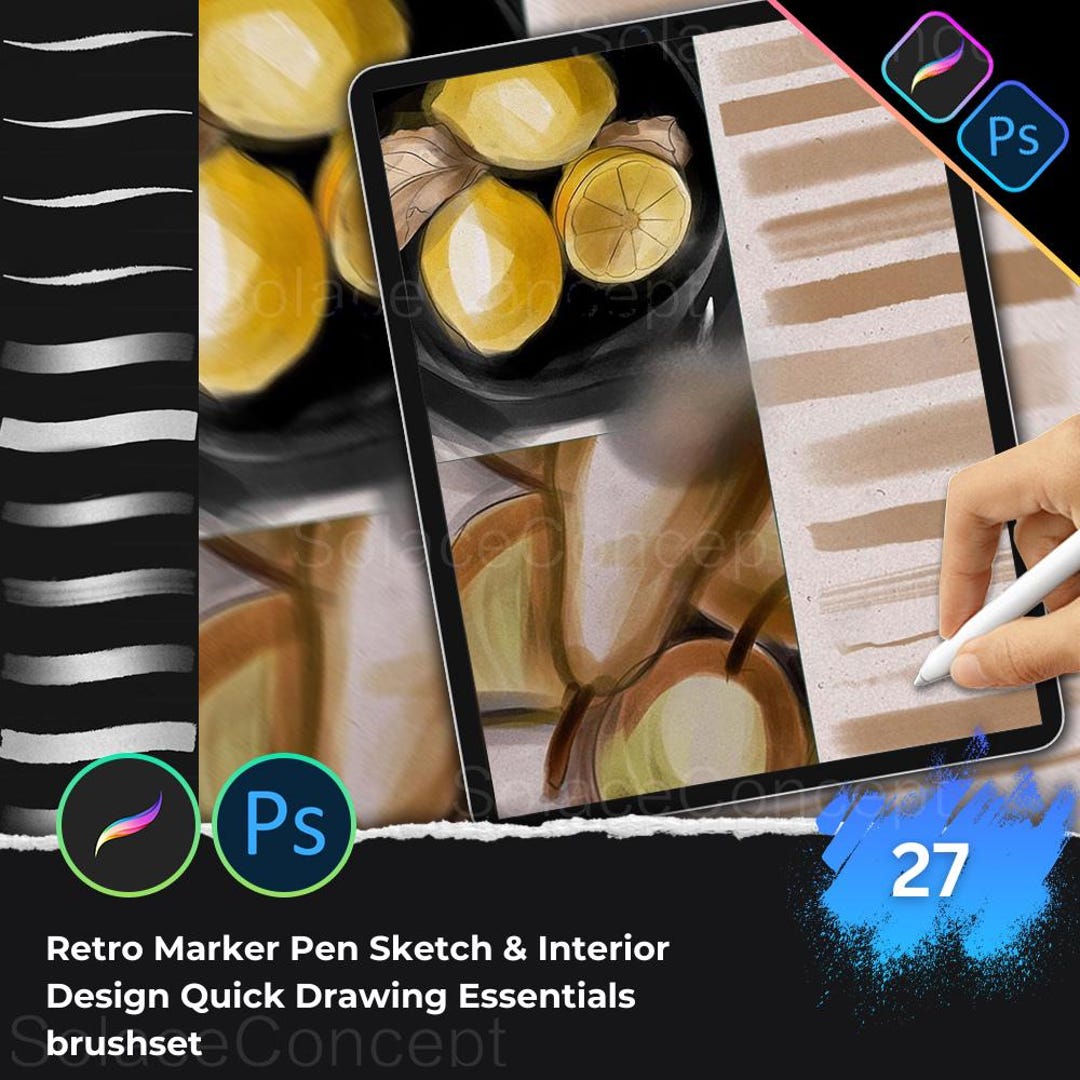 27 Marker Procreate & Photoshop Brushset • Watercolor Marker Sketch ...