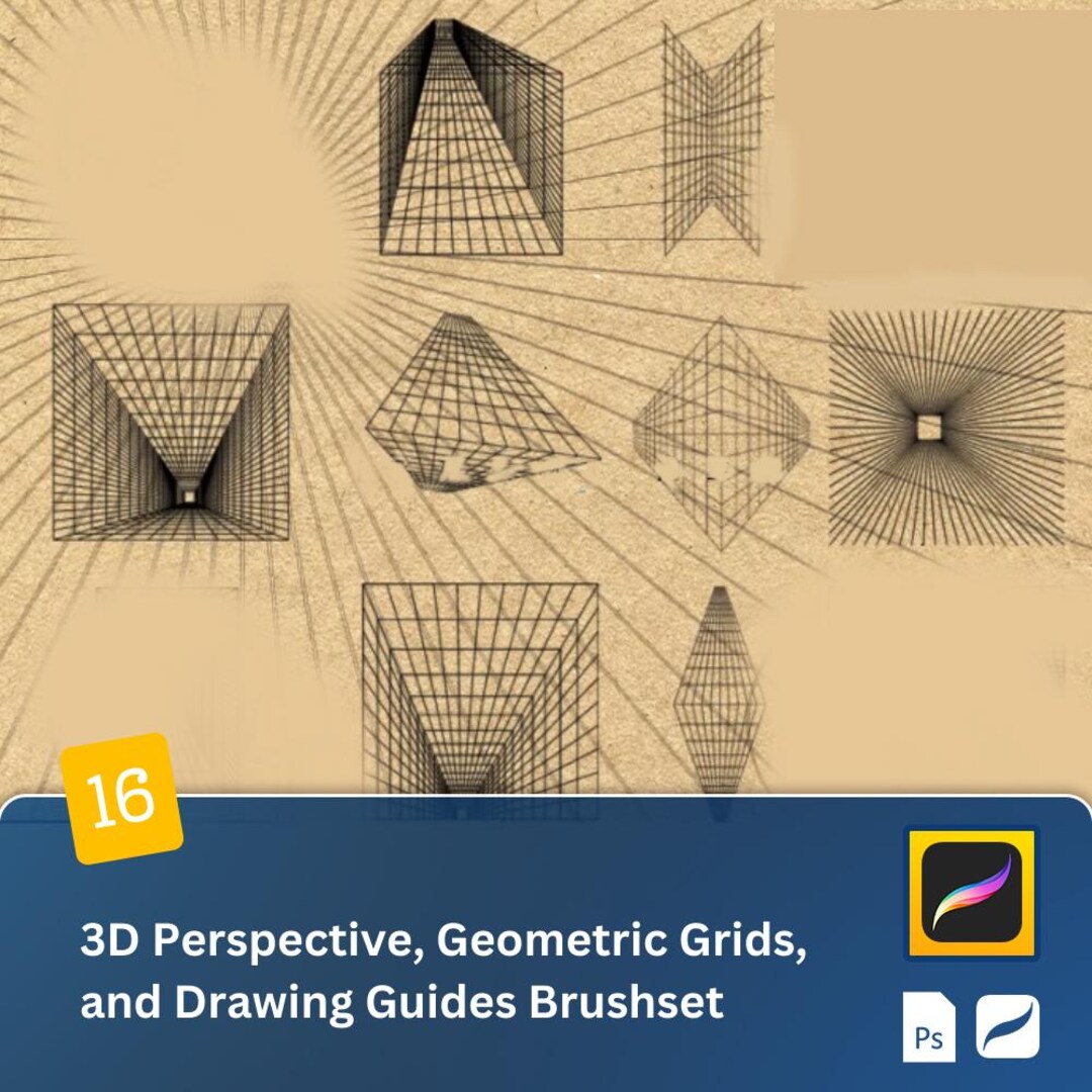 3D Perspective Procreate and Photoshop Brushset, Geometric Grids, and ...