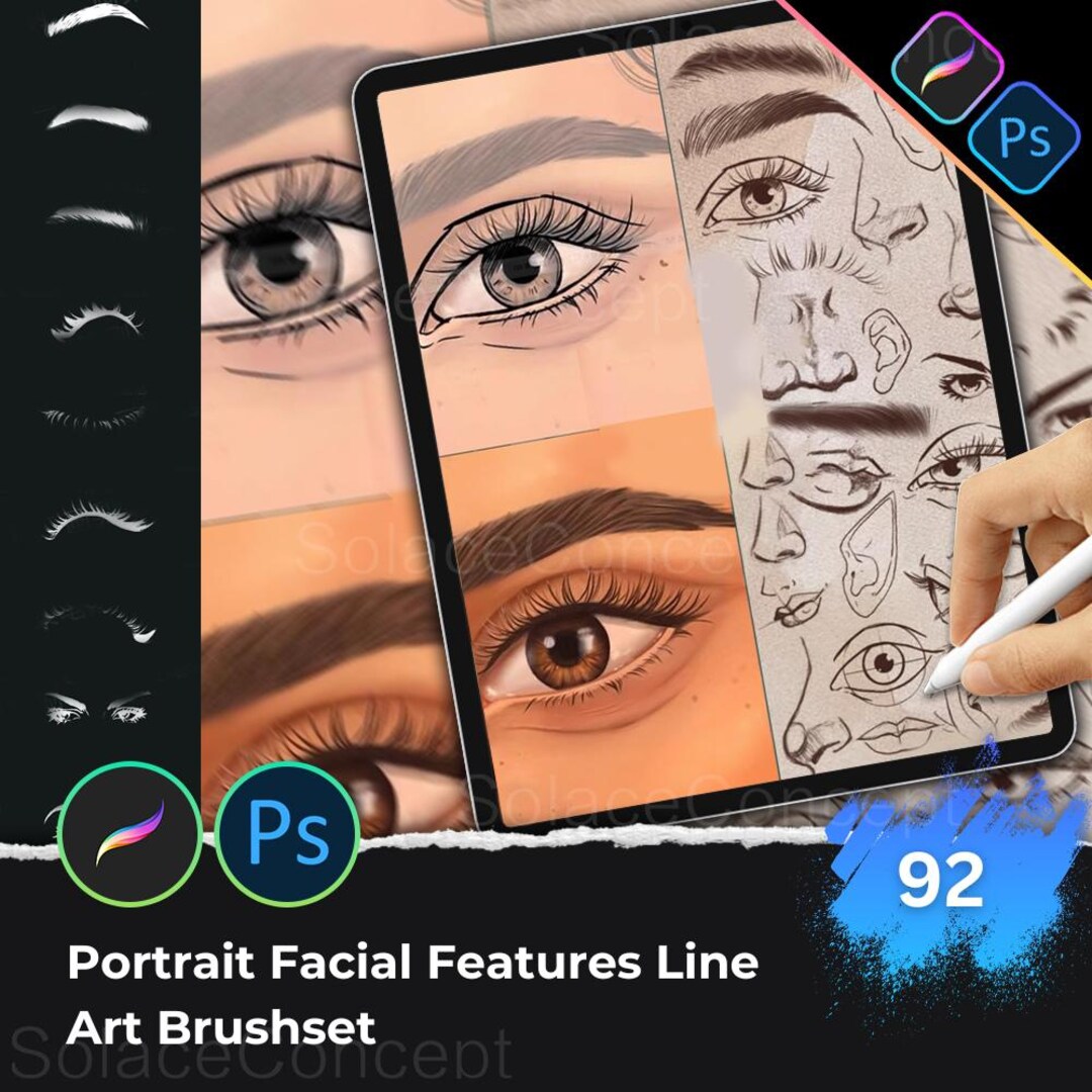 Portrait Facial Features Procreate & Photoshop Brushset, Eyebrow ...