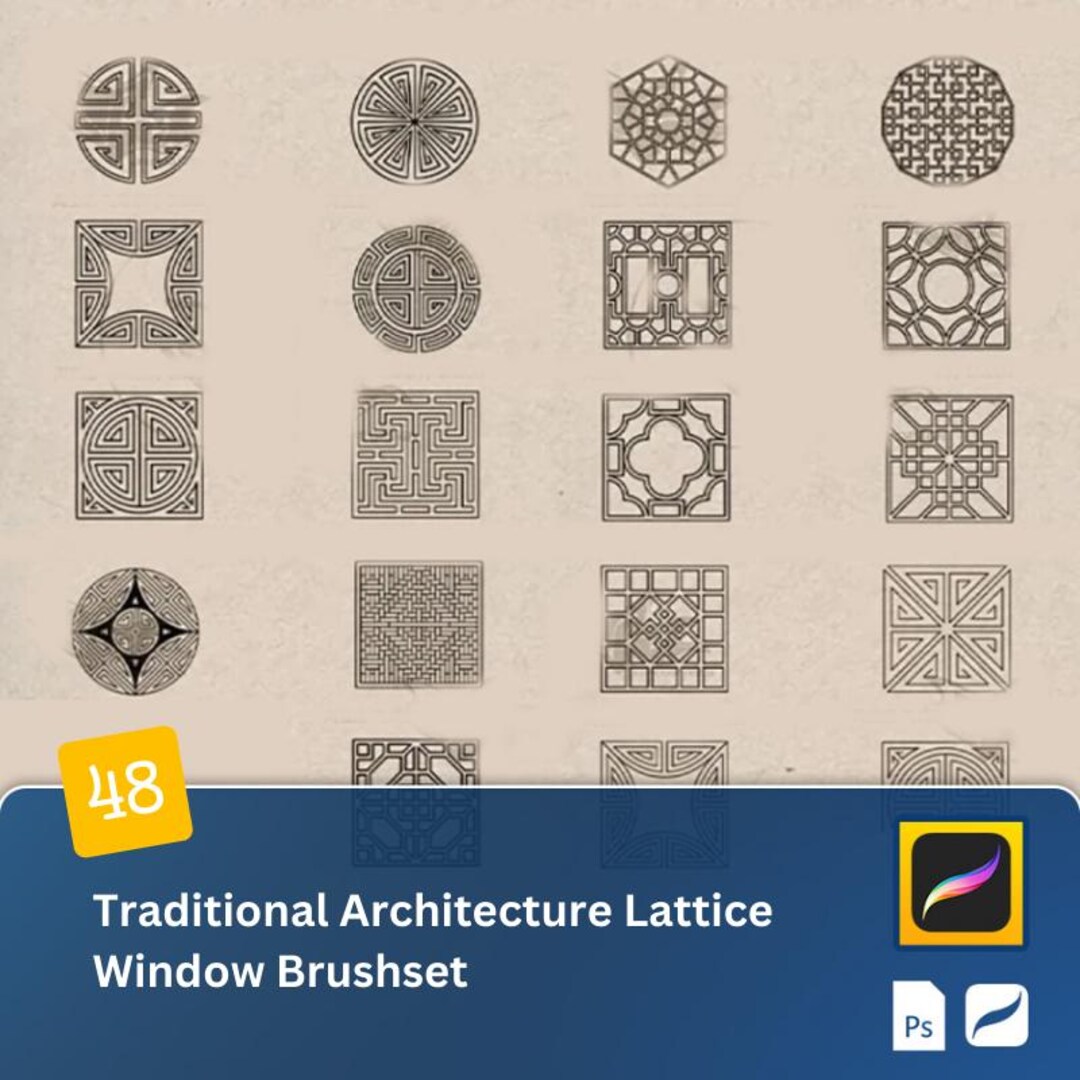 Chinese Lattice Window Pattern Brushes for Procreate & Photoshop ...
