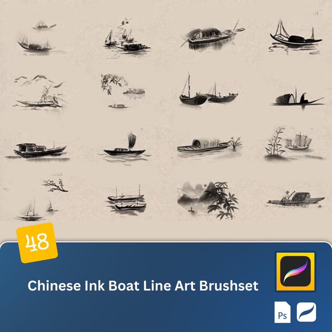 48 Chinese Ink Boat Line Art Procreate & PS Brushset Landscape Scenery ...