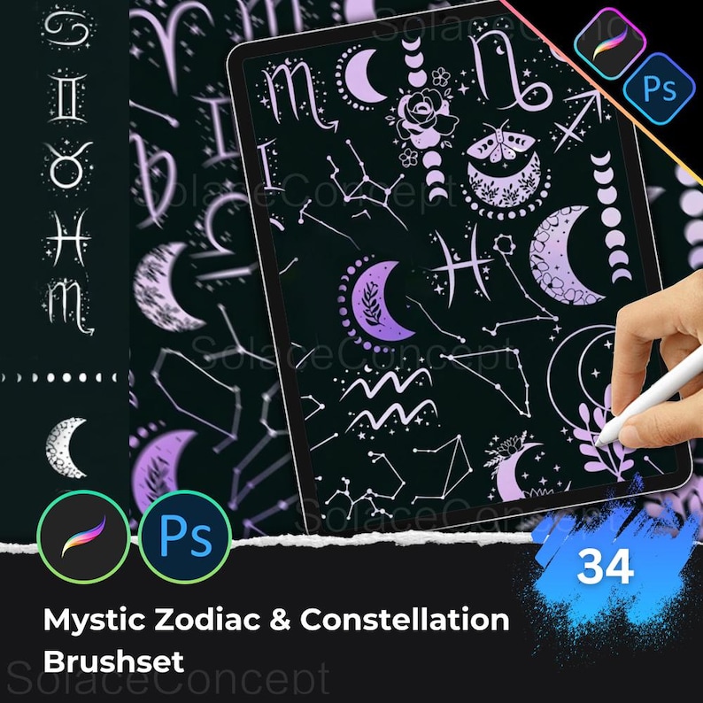 34 Mystic Zodiac Constellation Procreate & Photoshop Brushset, Dreamy ...