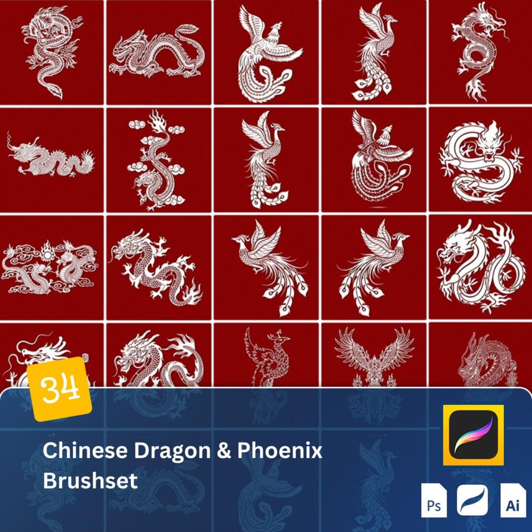 Traditional Chinese Dragon Phoenix Procreate Brush Set - Good Fortune ...