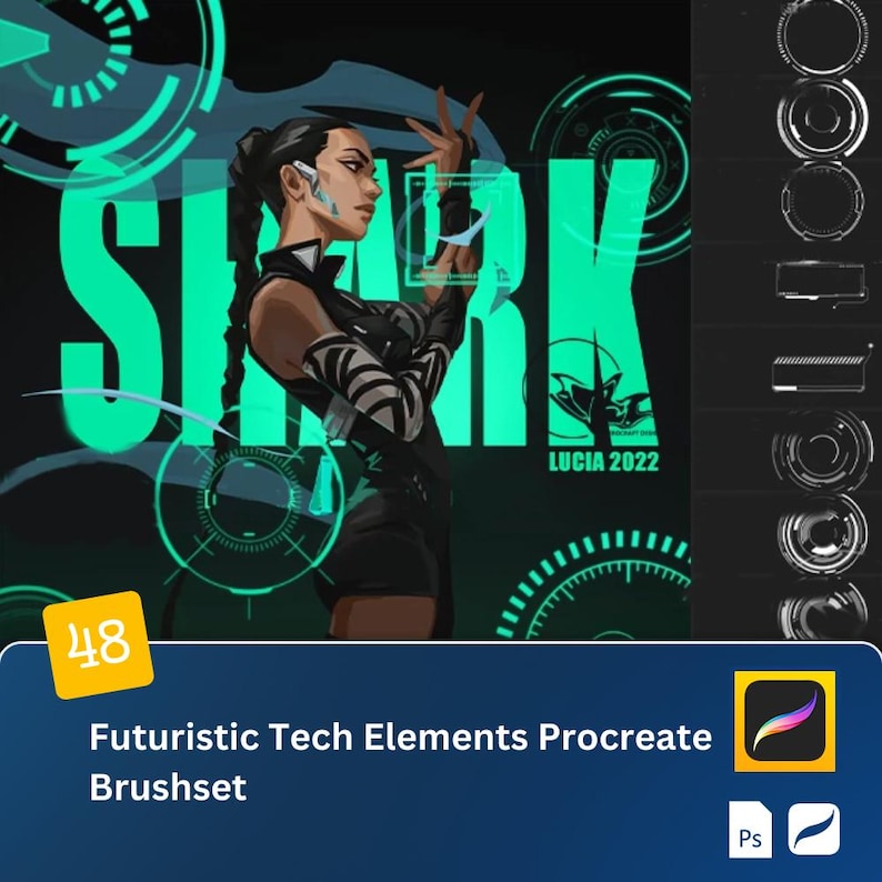 Futuristic Tech Elements Procreate Brush – Cyberpunk Interface, Data Borders, and Sci-fi Circles ...