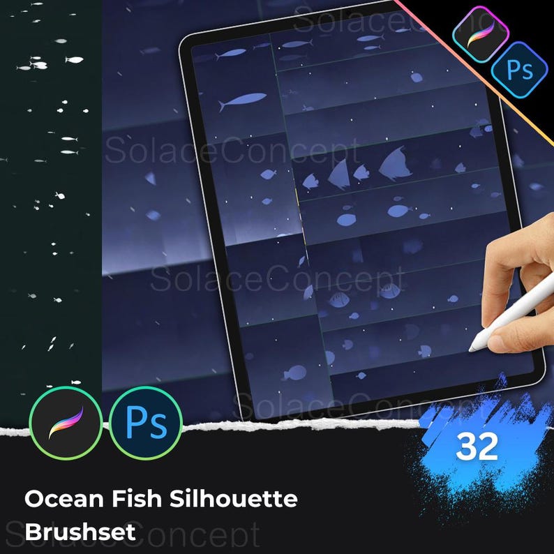 30+ Ocean Fish Silhouette Procreate and PS Brushes for Marine Art, Cartoon Fish, Deep Sea ...