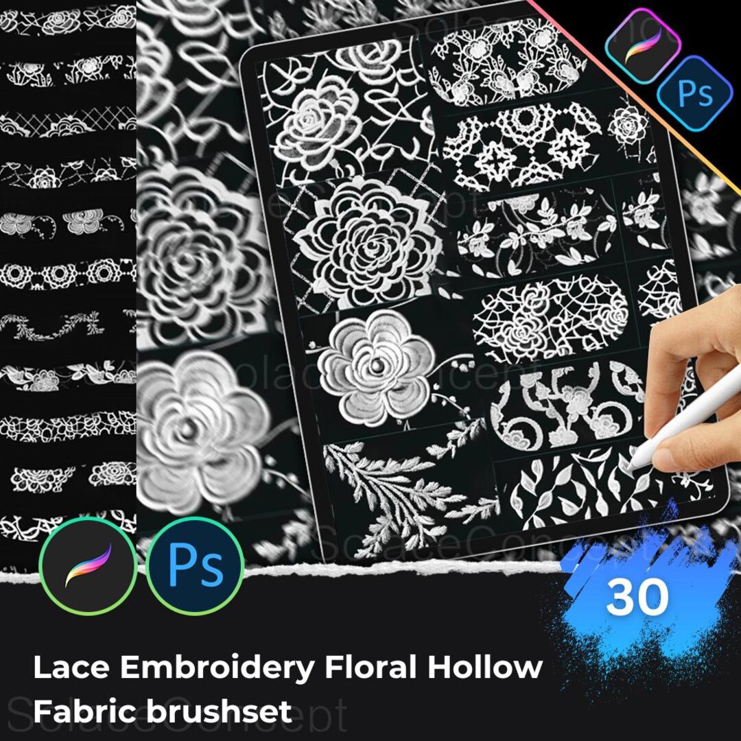 30 Lace Embroidery Pattern Procreate Photoshop Brushset • Fashion ...