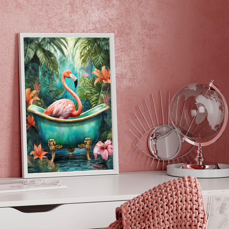 Flamingo in a Bathtub, Bathroom Art Print, Maximalist Wall Art, Digital ...
