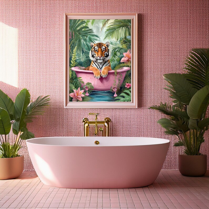 Tiger in a Bathtub, Bathroom Art Print, Maximalist Wall Art, Digital ...
