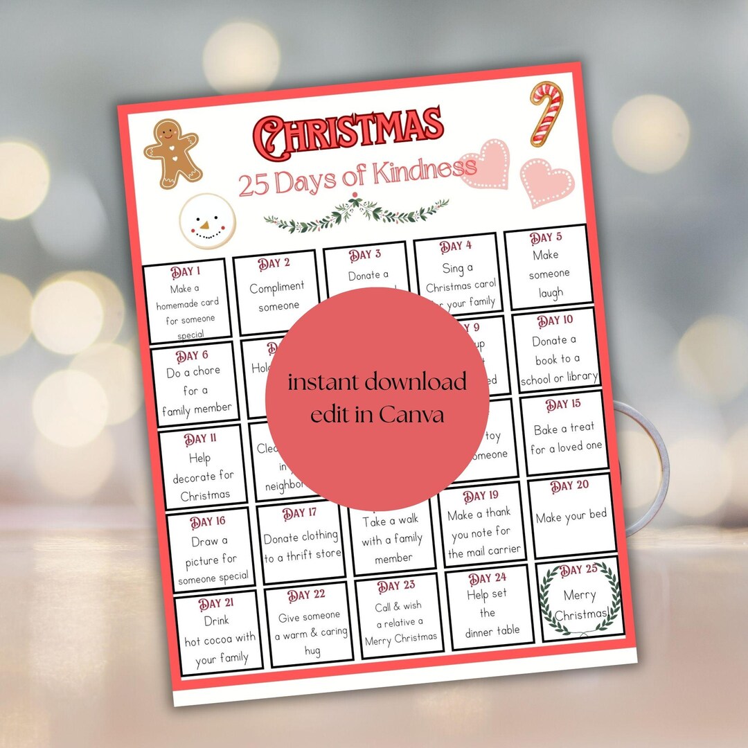 Kids Christmas Kindness Challenge: Editable Template (canva, Printable ...