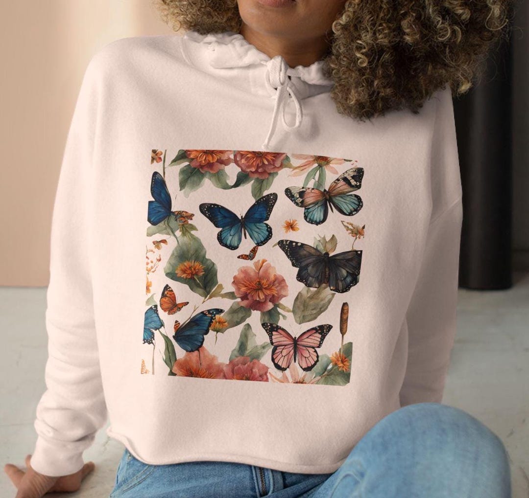 Butterfly Garden Crop Hoodie - Floral Print - Women's Fashion Floral ...