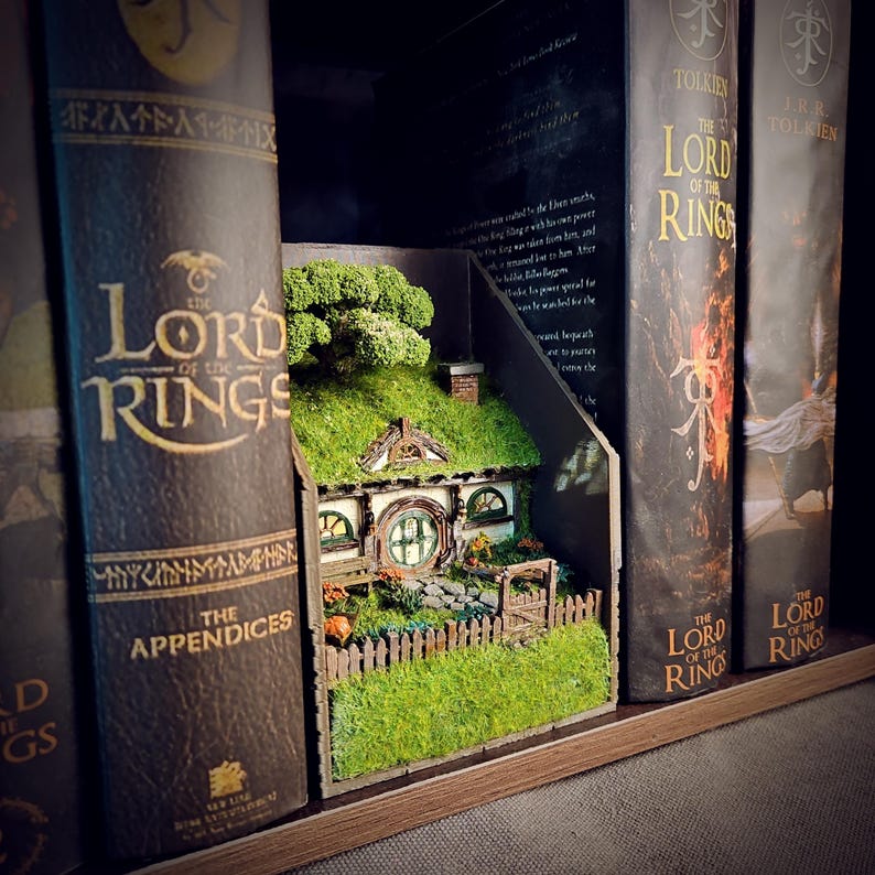Hobbit House Book Nook With Light – Cozy Miniature Bookshelf Diorama ...