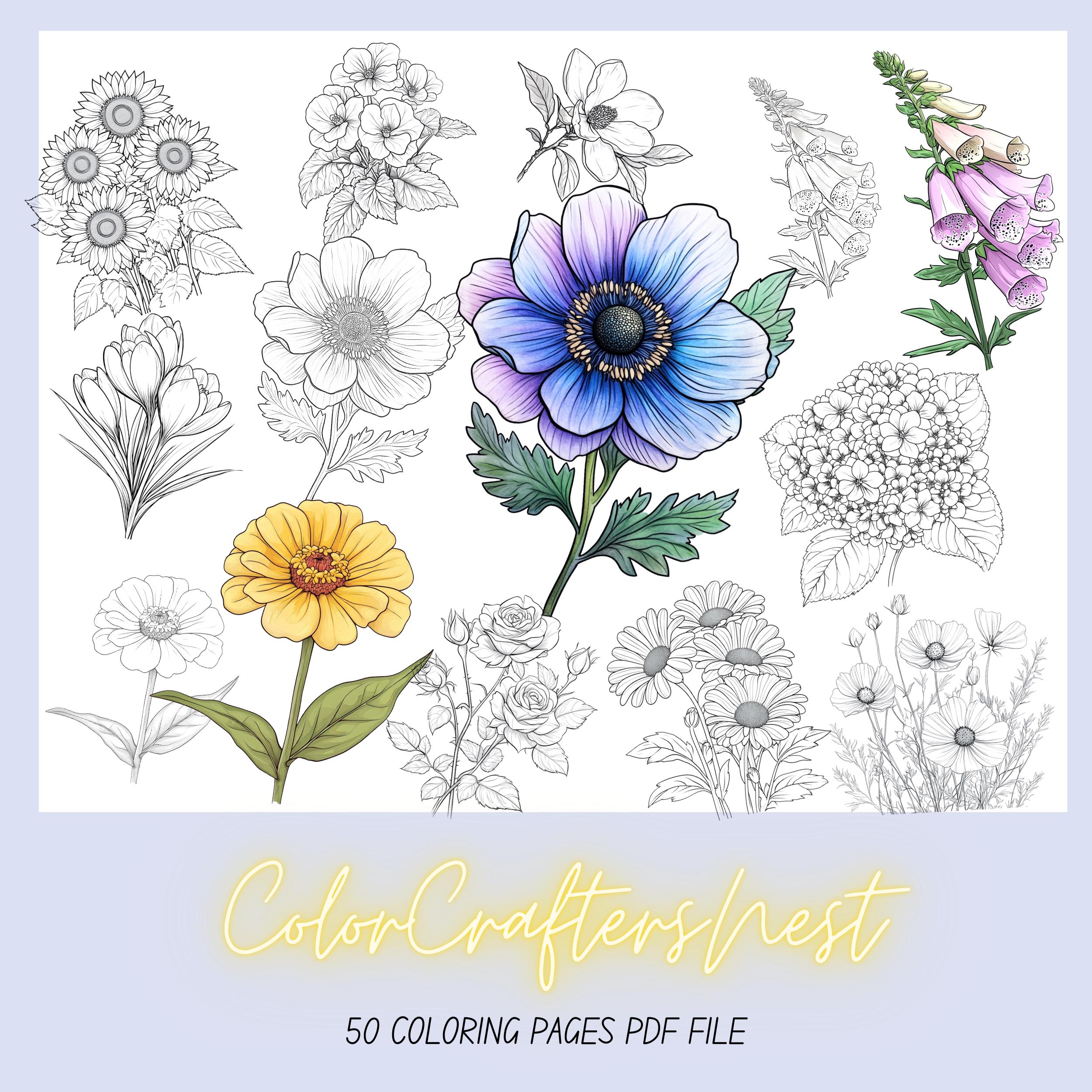 50 Flowers | Beautiful & Relaxing Adult Coloring Pages | Instant ...