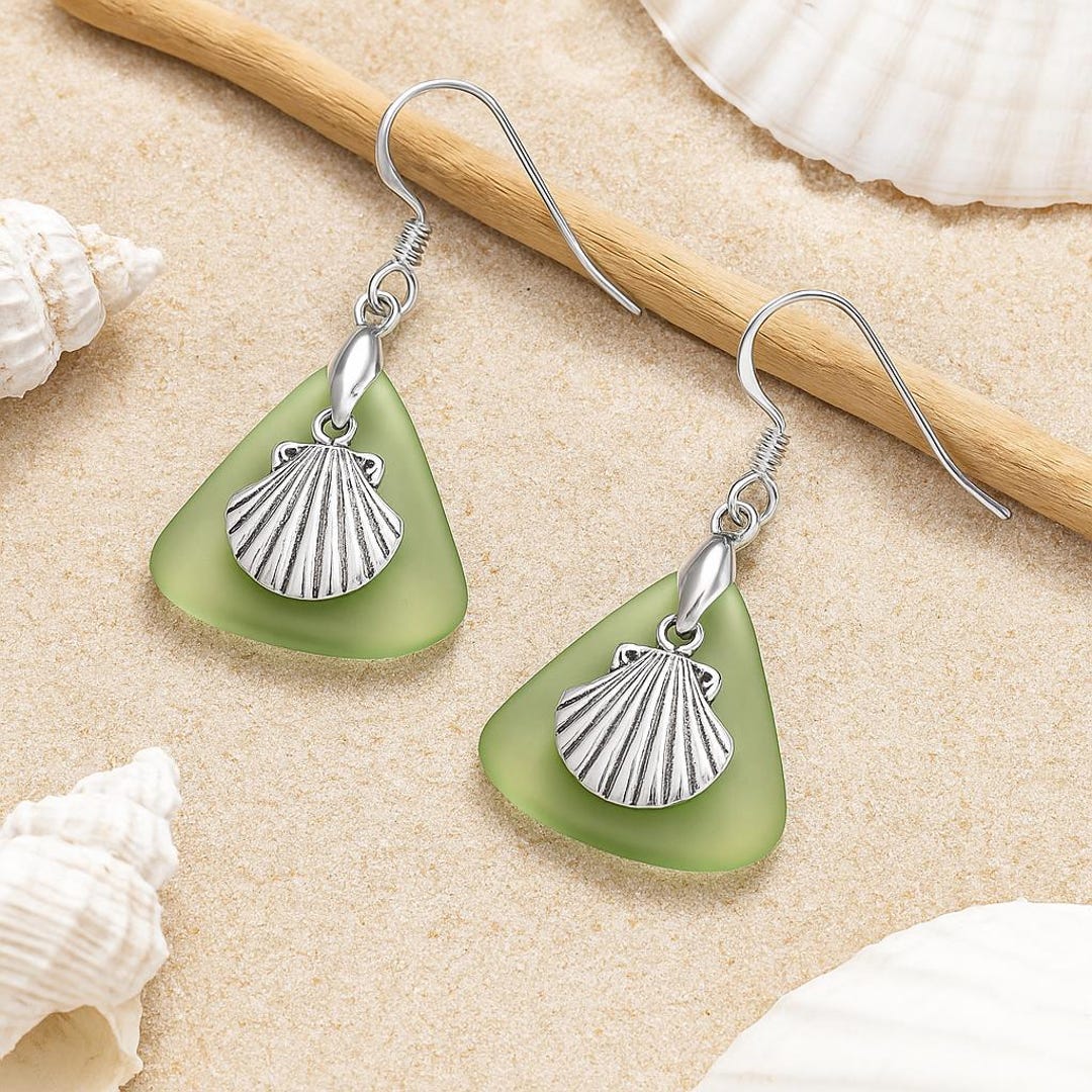 Boho Sea Glass Earrings: Green Shell Dangle, Nautical Jewelry - Etsy