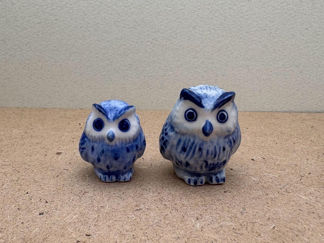 Charming Blue Ceramic Owl Miniature Set – Artisan Home Decor for Animal ...
