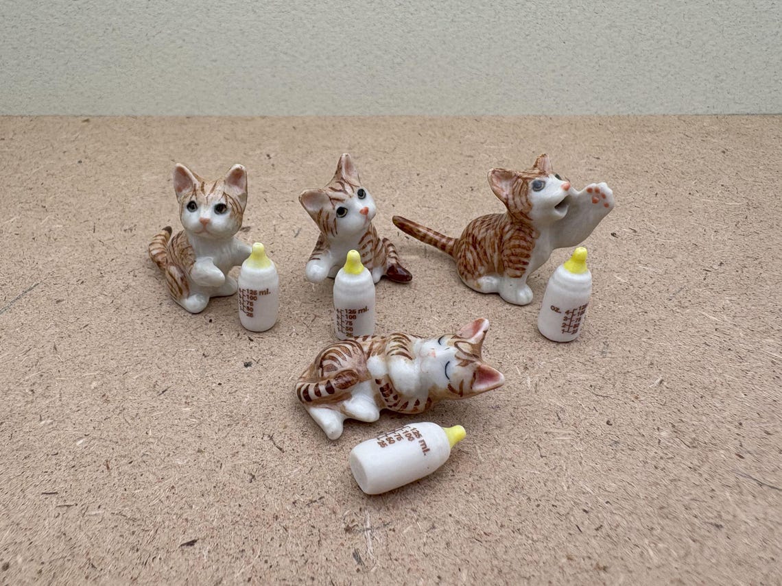 Hand-painted Ceramic Kitten Figurine Set: Playful Baby Cats With Milk ...