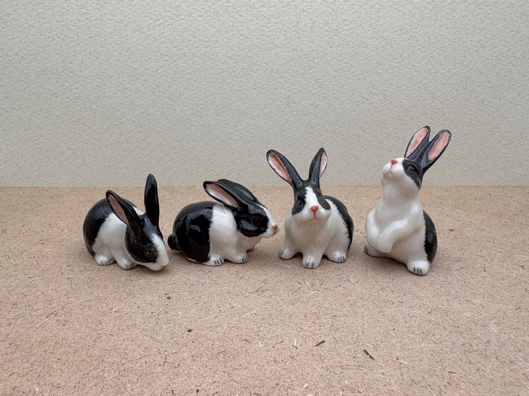 Hand-painted Ceramic Bunny Figurines – Black and White Rabbit Decor Set ...