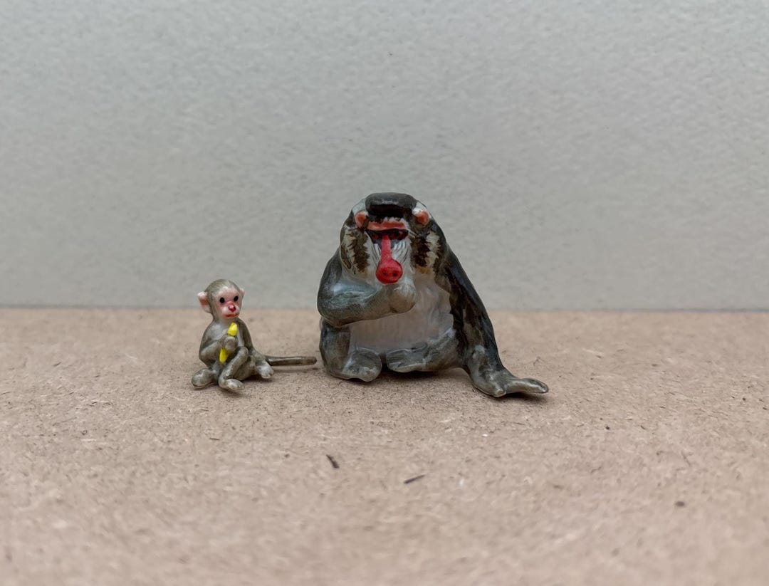 Hand-painted Ceramic Baboon and Baby Monkey Figurines: Animal Decor Set ...