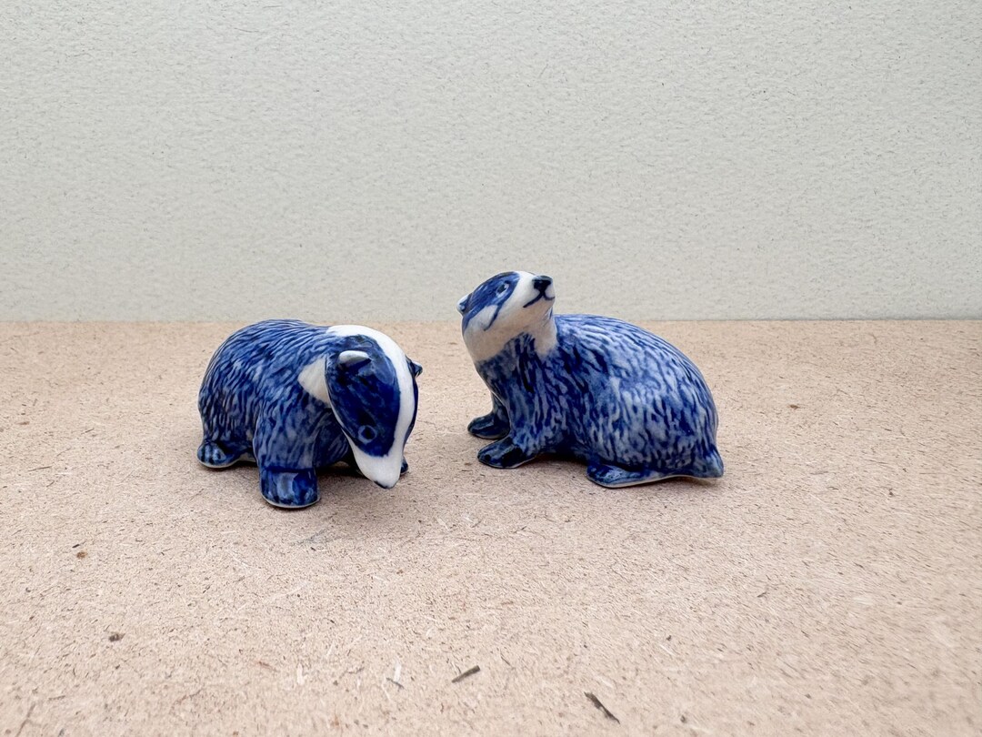 Hand-painted Ceramic Badger Figurines: Blue and White Rustic Decor - Etsy
