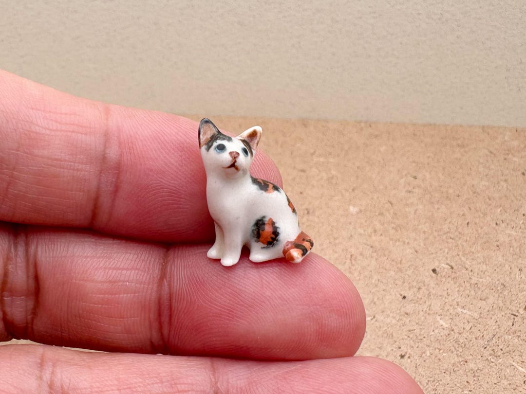 Handmade Mini Ceramic Calico Cat Figurine: Desk Ornament, Dollhouse ...