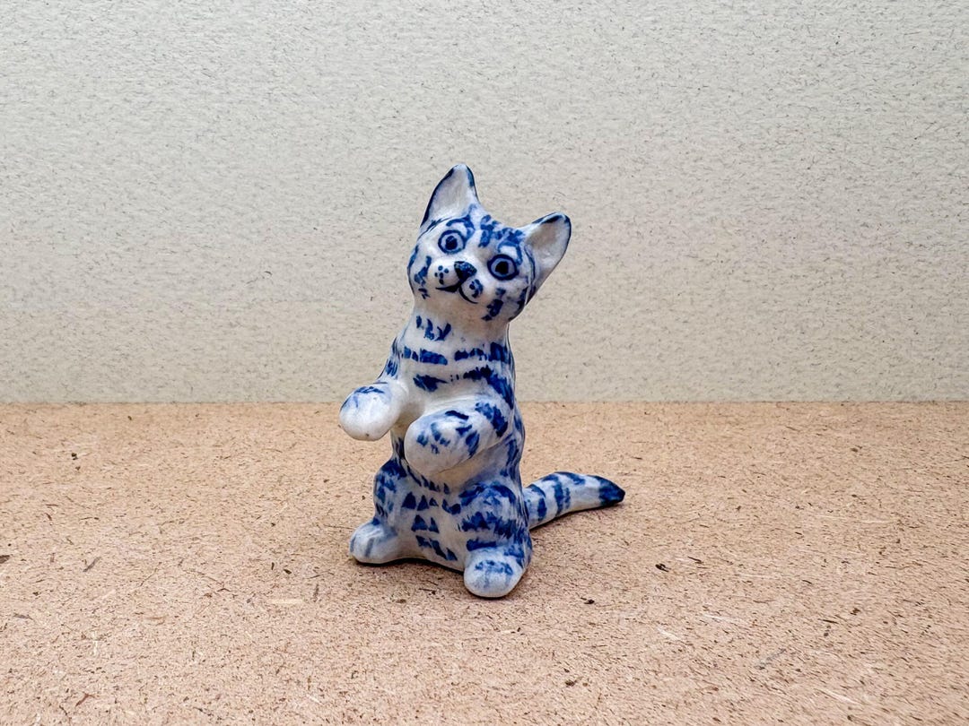 Hand-painted Ceramic Cat Figurine: Blue & White Porcelain Collectible ...