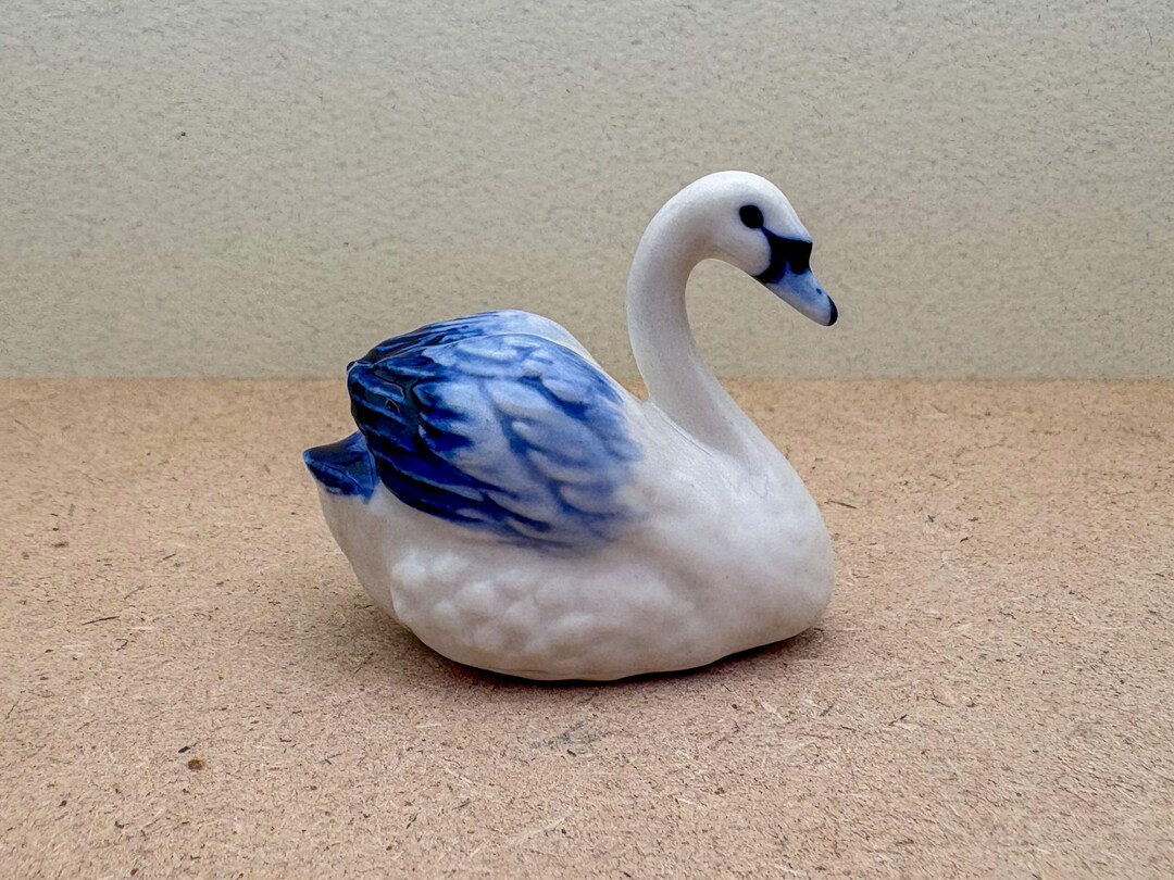 Hand-painted Ceramic Swan Figurine: Blue & White Miniature Decor - Etsy