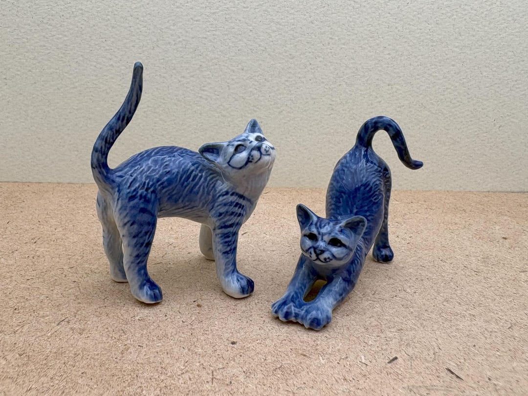 Blue Ceramic Cat Figurines: Hand-painted Playful Duo - Etsy