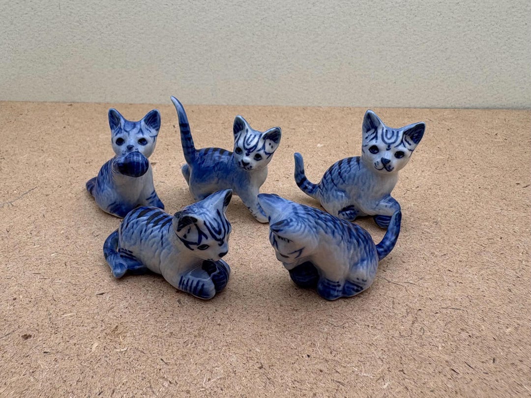 Hand-painted Blue Cat Figurines - Ceramic Kitten Set of 5 for Animal ...
