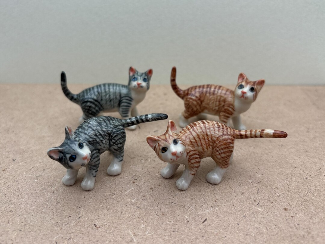 Ceramic Tabby Cat Miniatures Set - Brown and Gray Striped Figurines ...