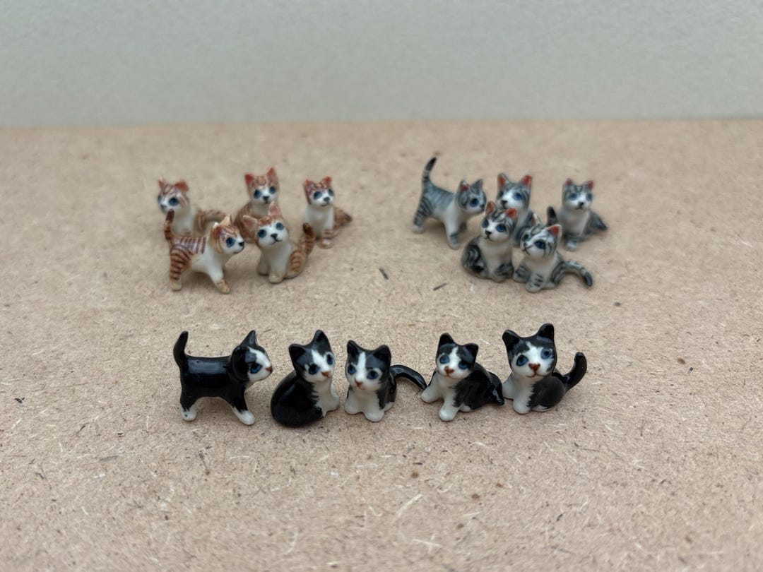 Miniature Hand-painted Tabby Cat Figurines Set, Cute Tiny Ceramic Cat ...