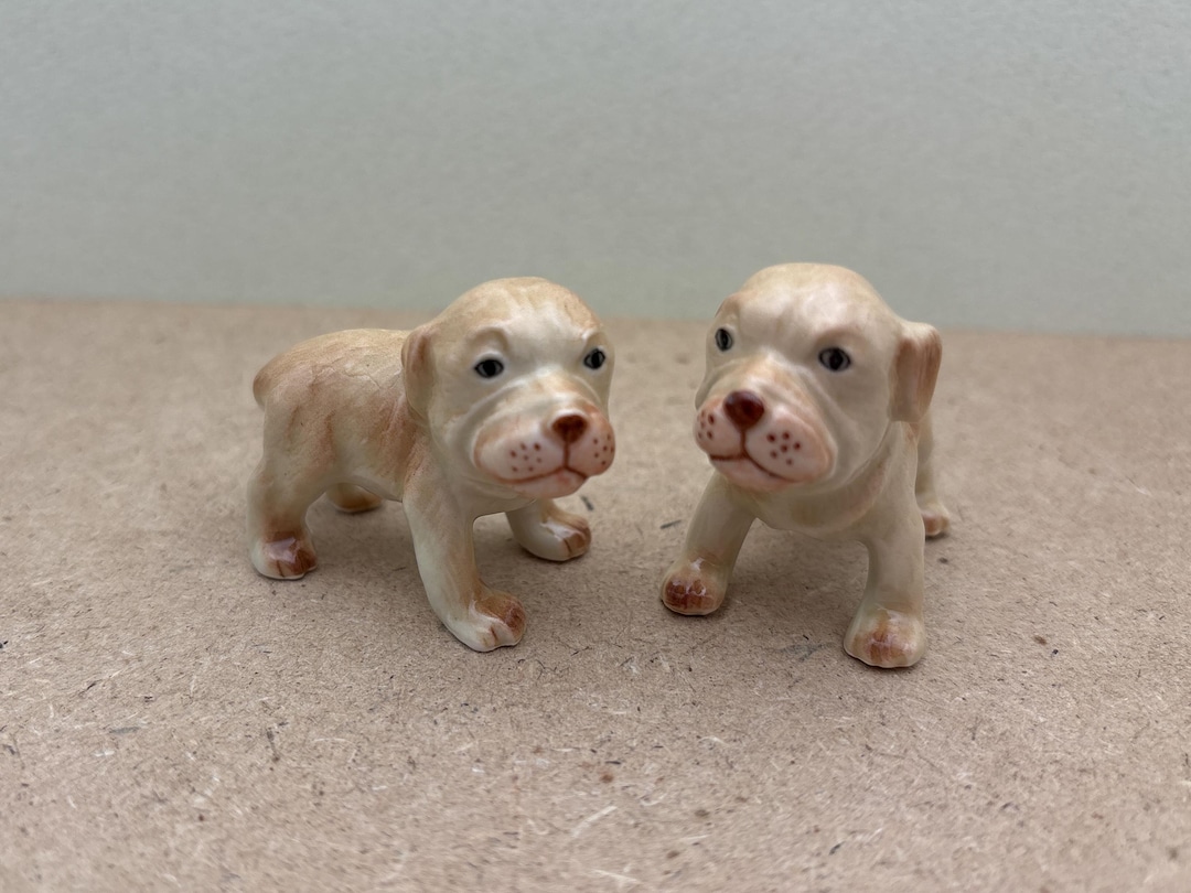 Pit Bull Puppy Figurines Set – Hand-painted Ceramic Beige Dogs, Perfect ...