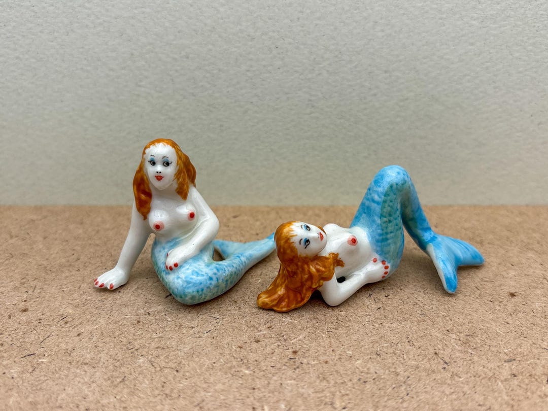 Set of Two Ceramic Mermaid Figurines – Unique Red-haired Mermaid Statues, Perfect for Coastal ...