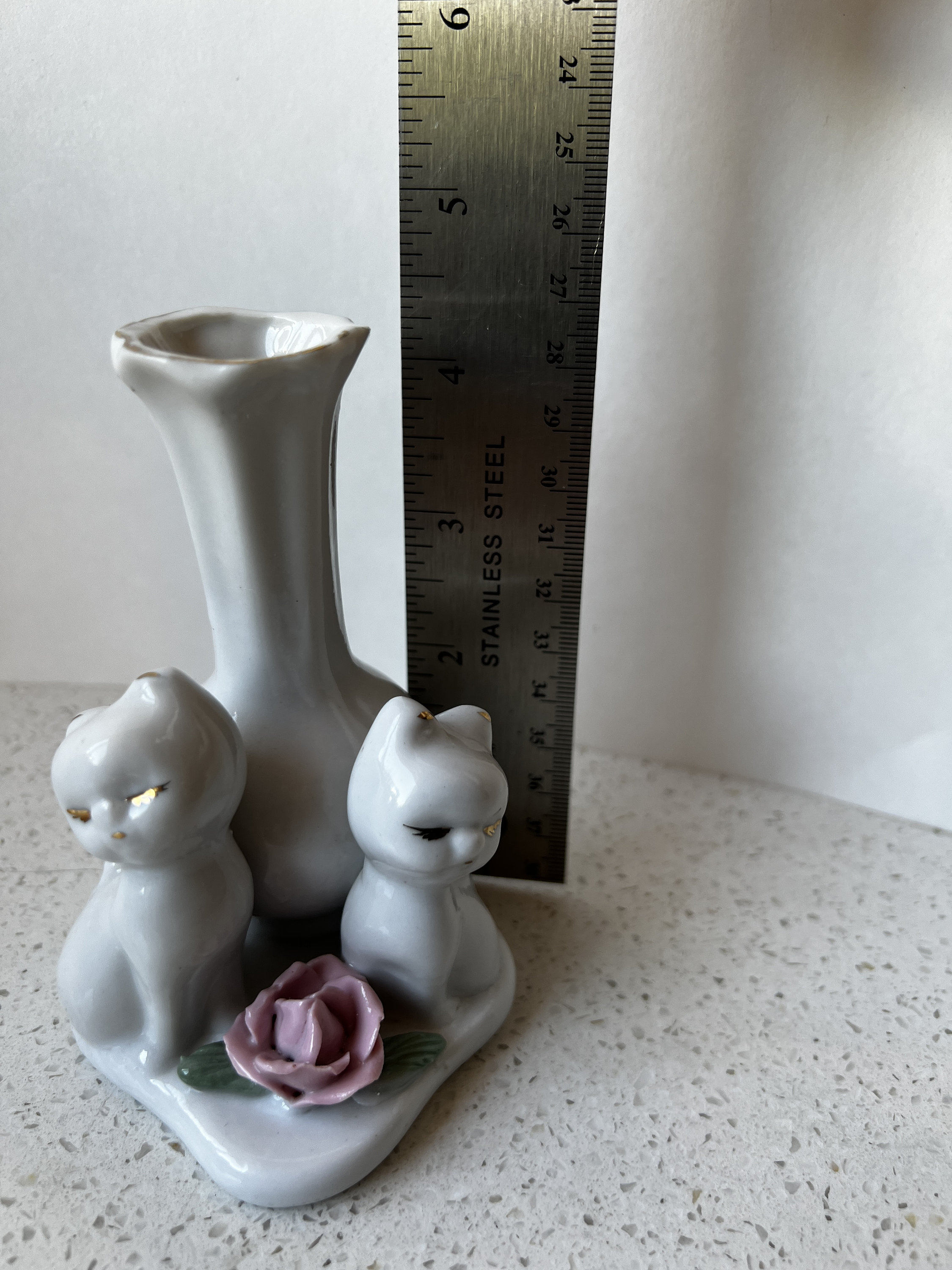 Vintage Porcelain Cats and Pink Rose White Vase 4.5” Kittens Gift Gold ...