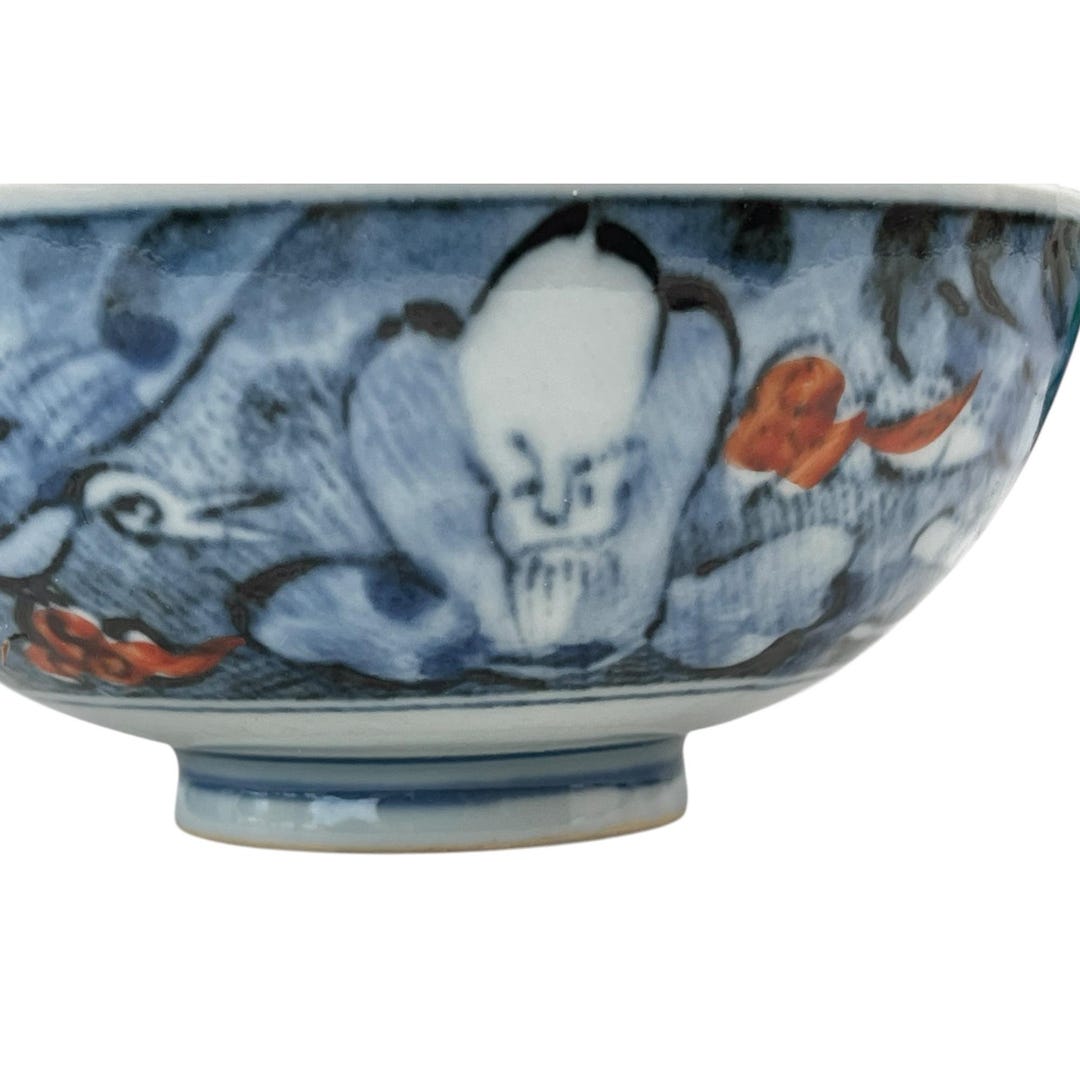 Japanese Rice Bowls Set of 4 Hand-painted Blue & White With Red Details ...