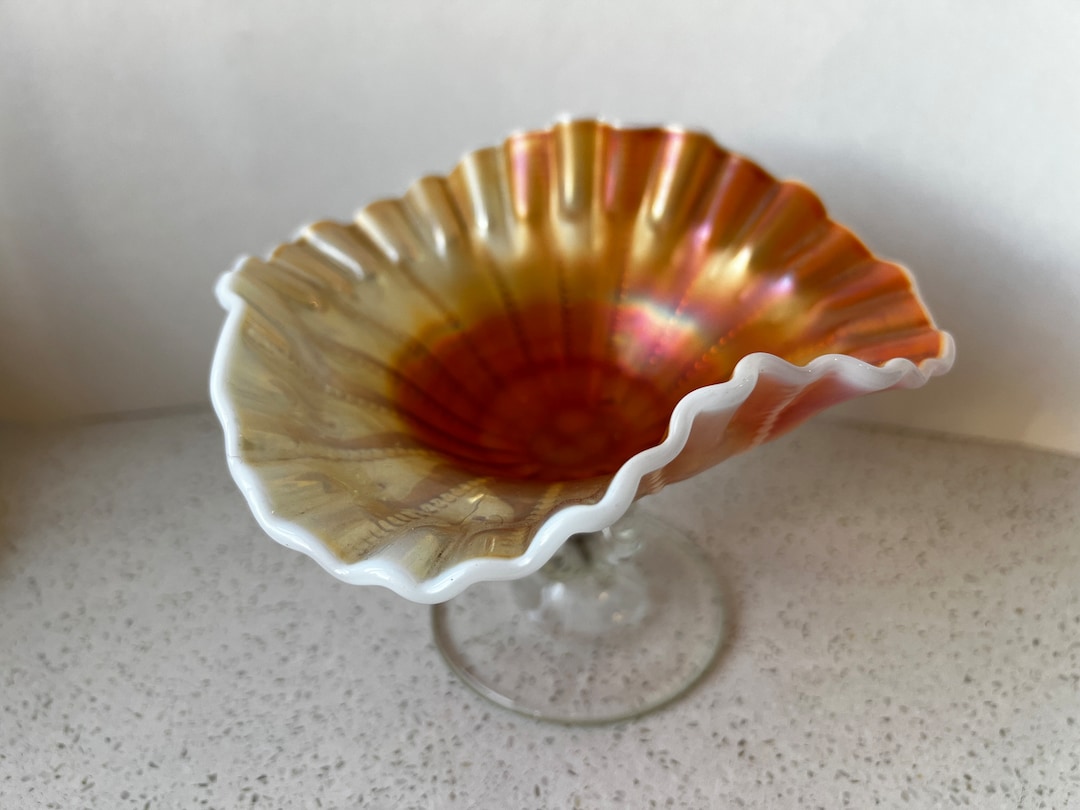 Dugan Opalescent Beaded Panels Open Stemmed Carnival Glass Compote Dish ...
