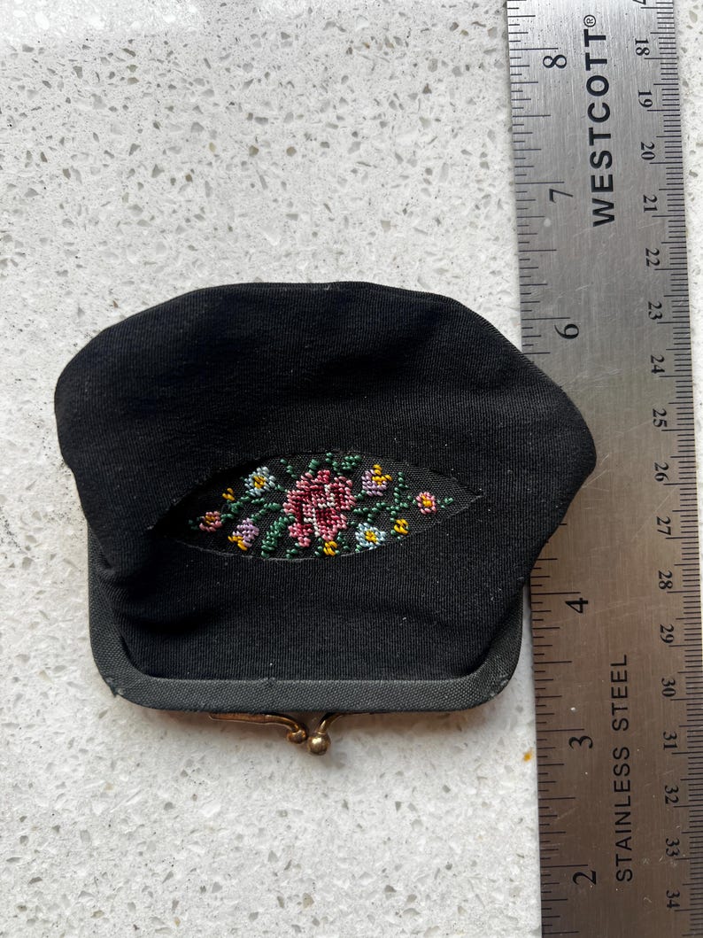 Petit Point Rose on Black Coin Purse Handmade Floral - Etsy