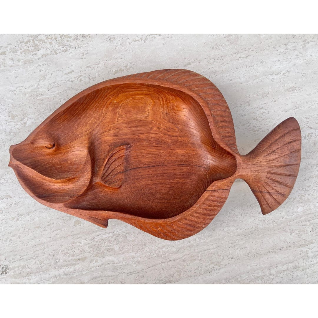 Hand Carved Teakwood Fish Serving Dish Trinket Bowl Beach Chic Ocean ...