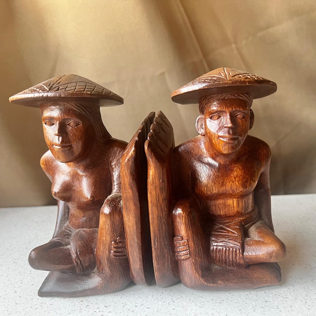 Hand-carved Wooden Tribal Bookends With Male & Female Figures Wearing ...