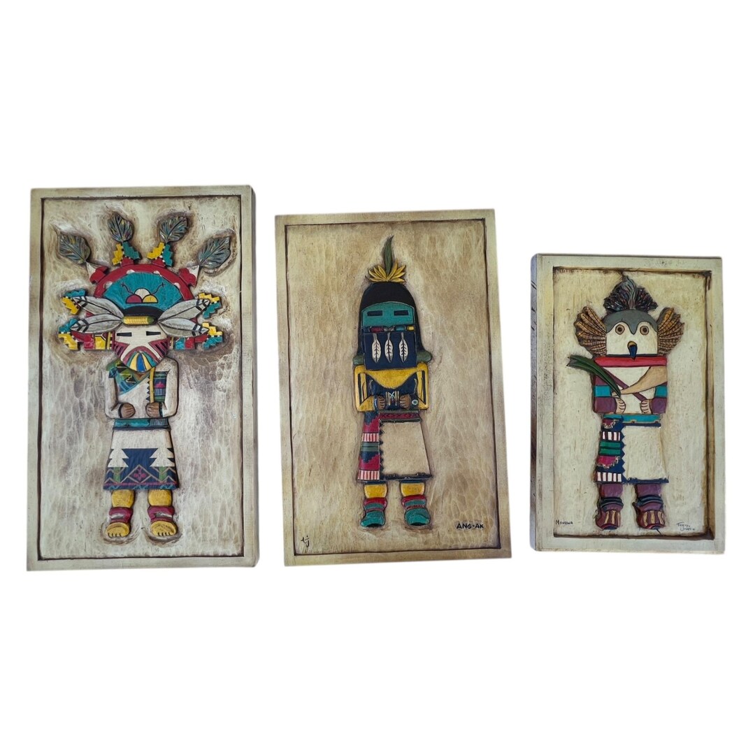 Signed Tom Jones Three Native American Hopi Kachina Wood Relief Art ...