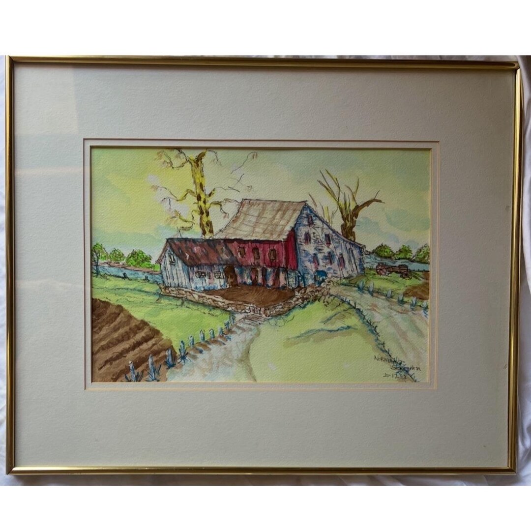 Original 1993 Norman Scraggins Sr. Signed Watercolor & Ink Barn ...