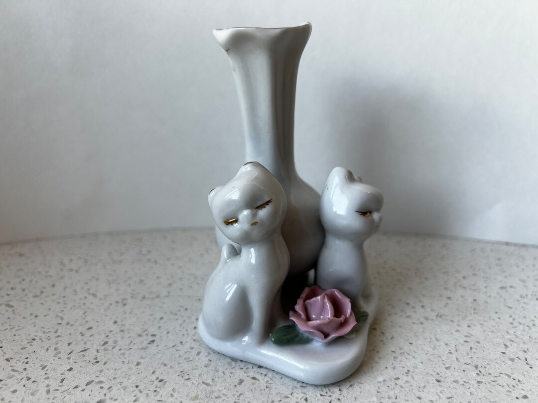 Vintage Porcelain Cats and Pink Rose White Vase 4.5” Kittens Gift Gold ...
