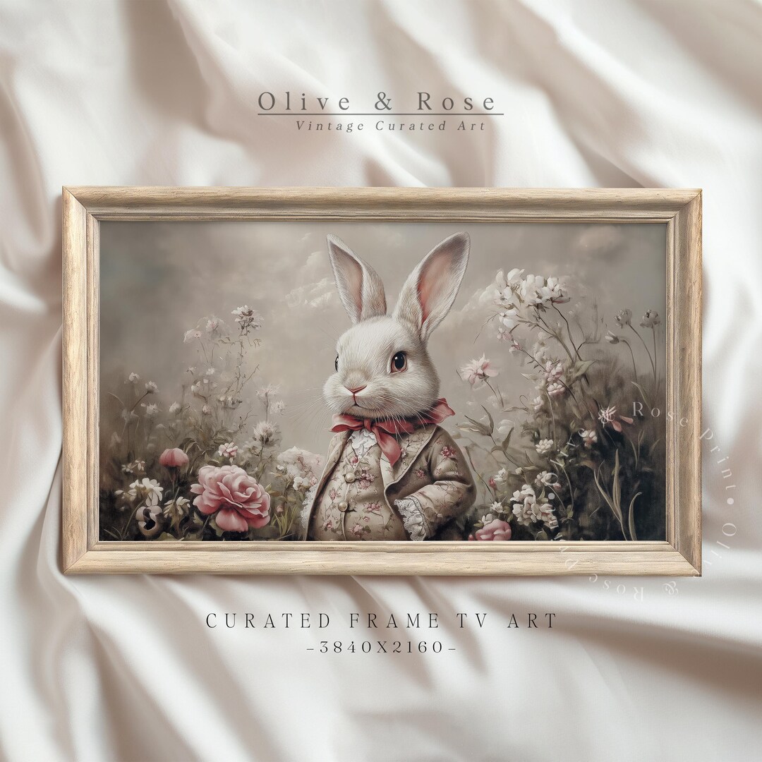 Vintage Easter Bunny in Wild Flower Meadow Frame Tv Art, Cute Sleepy ...