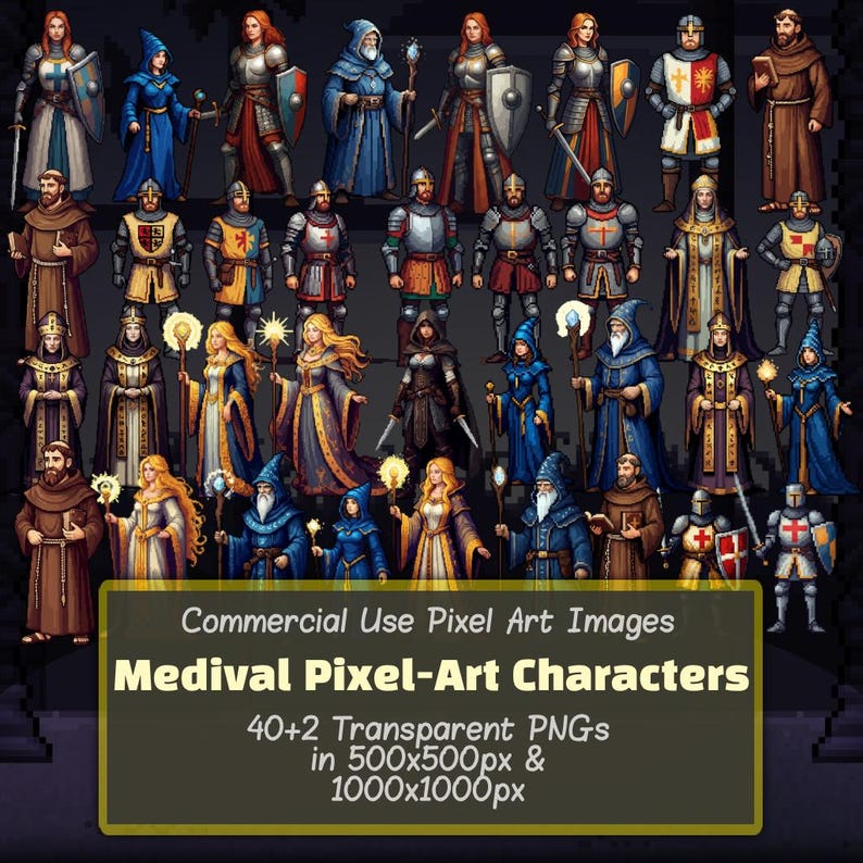 Medieval Fantasy Pixel Art Characters Pack – 40+2 Bonus Transparent ...