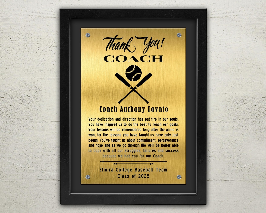 Personalized Baseball Coach Gift: Thank You Plaque, Framed Metal Sign ...
