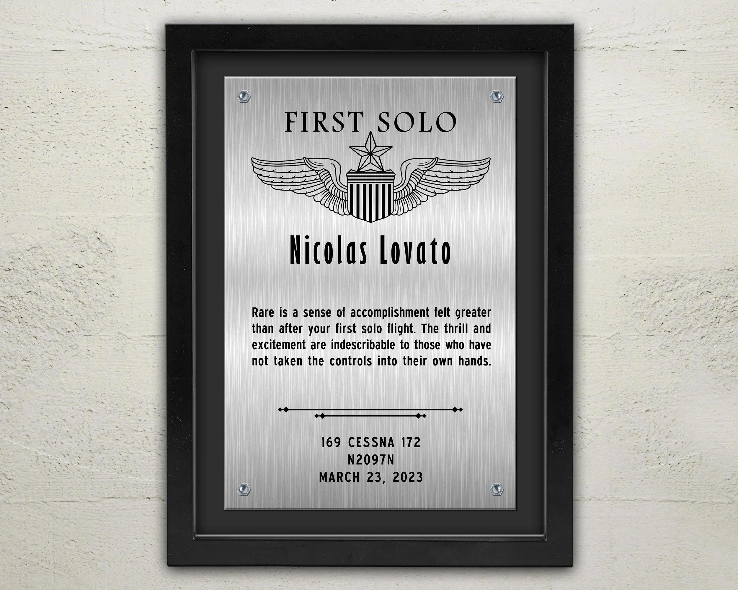First Solo Commemorative Framed Plaque, New Pilot License Award ...