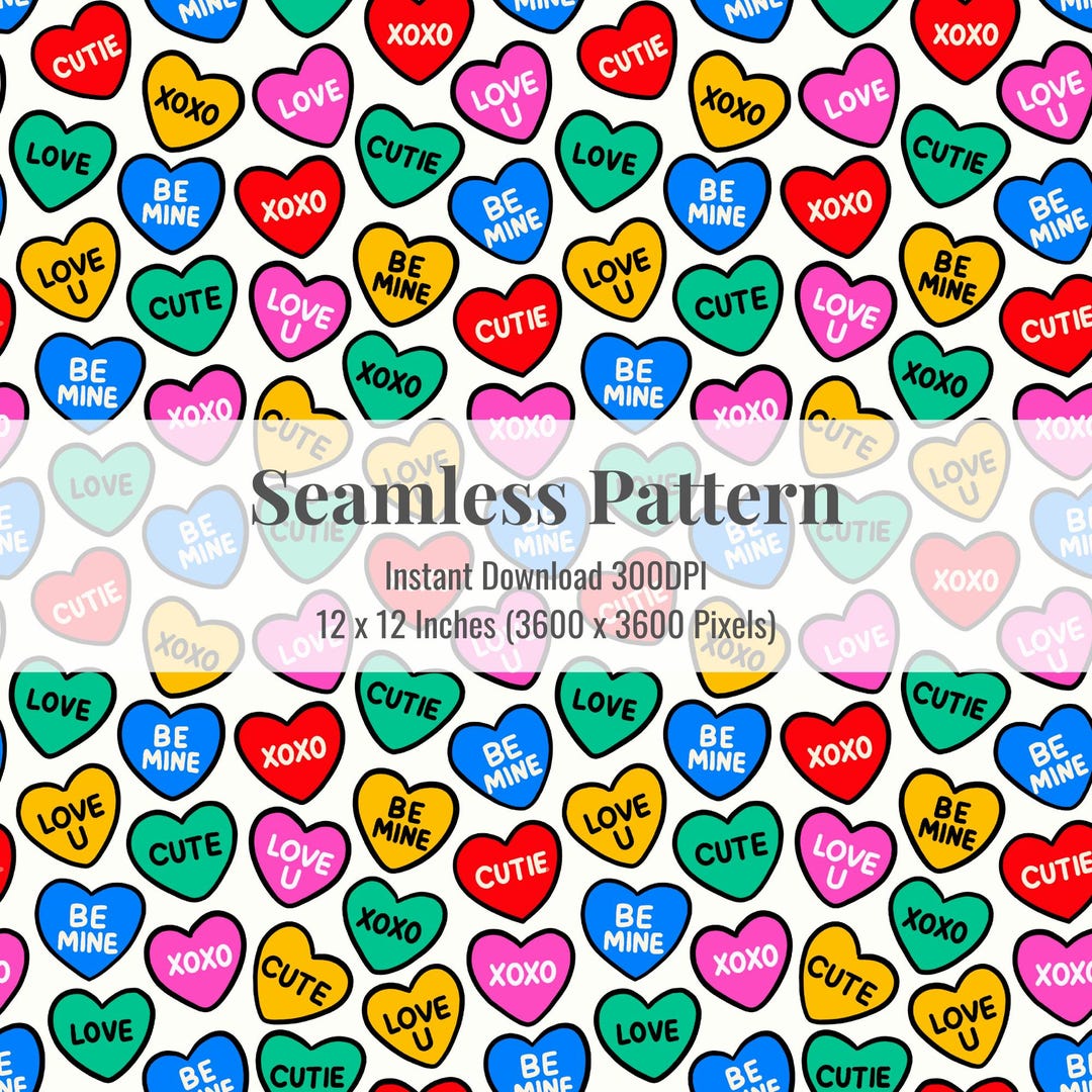 Pop Art Conversation Hearts Seamless Pattern | Valentine Candy Heart ...