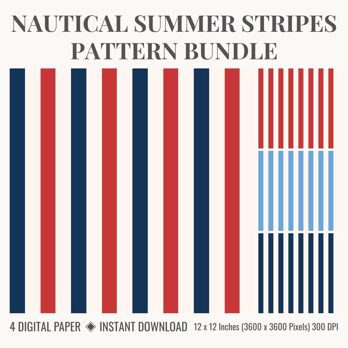 Nautical Stripe Pattern Bundle: Red, Navy, Blue (12x12” Digital Paper ...