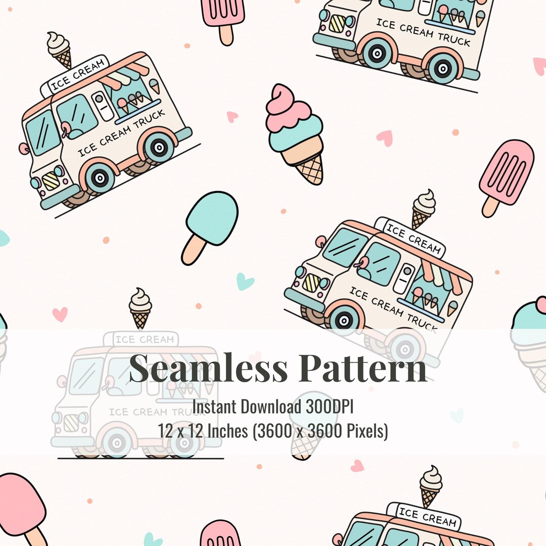 Cute Pastel Ice Cream Truck and Ice Cream Elements Seamless Pattern ...