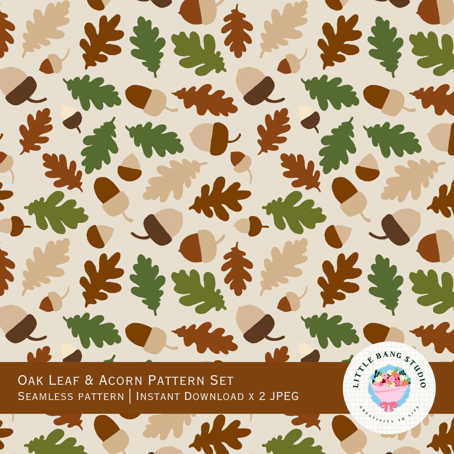 Oak Leaf & Acorn Pattern Set Whimsical Fall Seamless Digital Designs ...