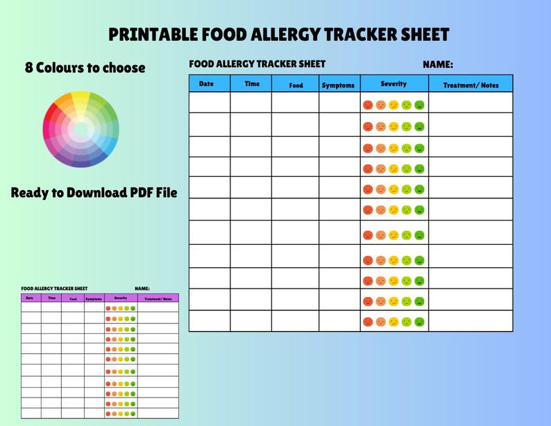 Printable Food Allergy Tracker Sheet, Food and Symptom Diary, Food ...
